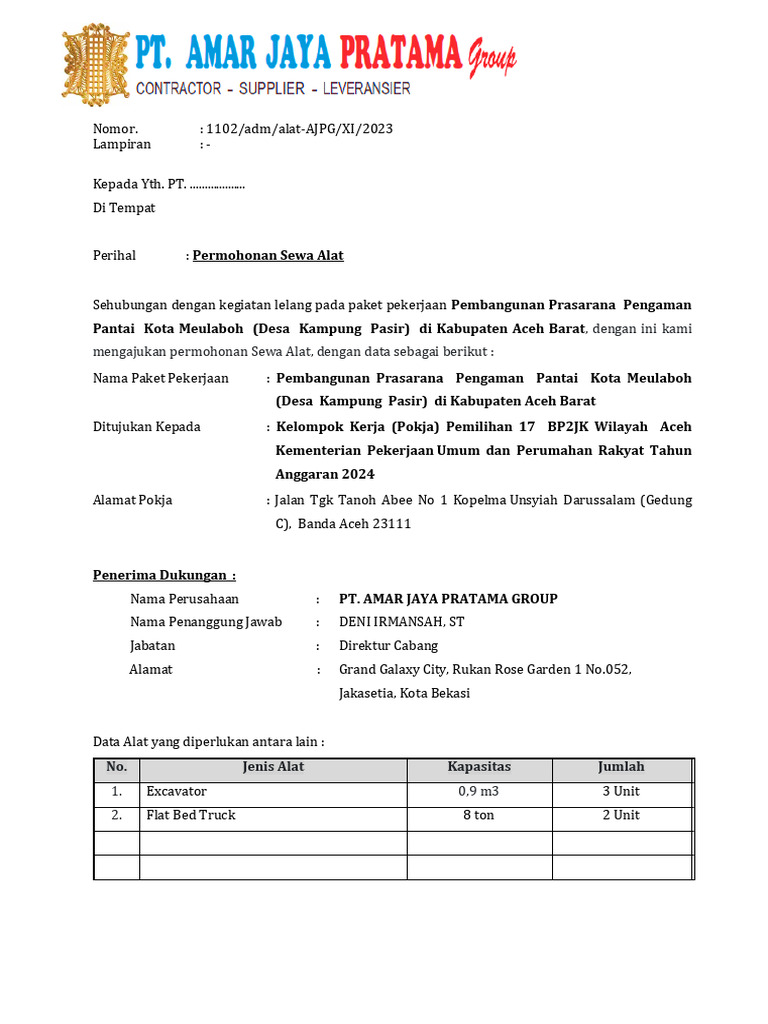 Surat Permohonan Sewa Alat | PDF