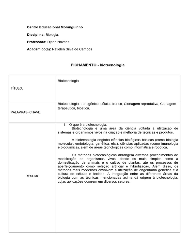 Modelo de Fichamento Resumo | PDF | Clonagem | Biotecnologia