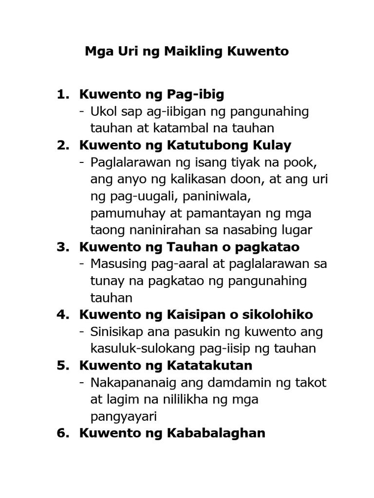 Mga Uri NG Maikling Kuwento | PDF