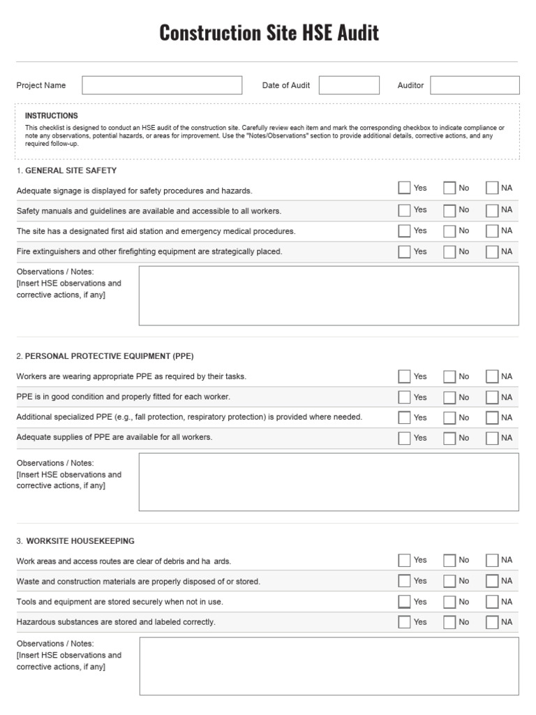 Construction HSE Audit Checklist | PDF | Personal Protective Equipment | Safety
