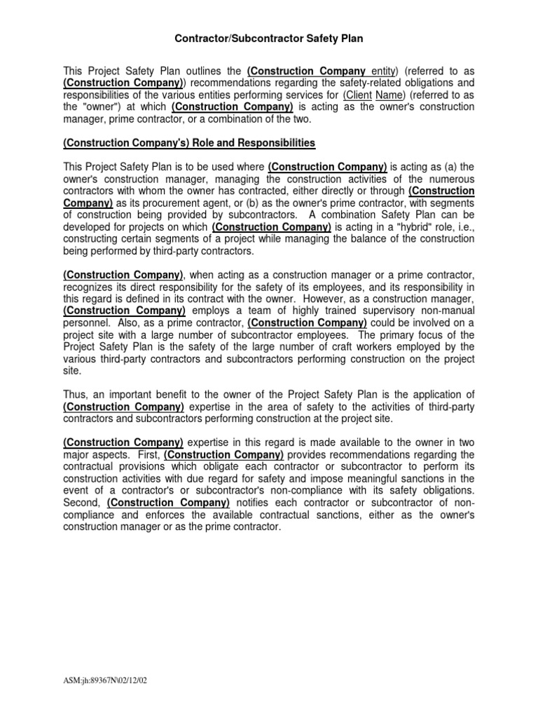 Sub Contractor Safety Plan | PDF | Safety | General Contractor