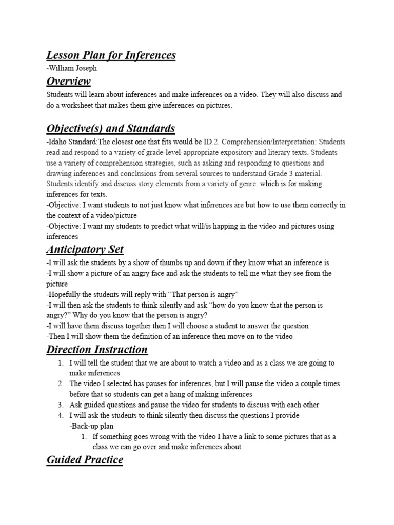 Lesson Plan For Inferences | PDF | Lesson Plan | Inference