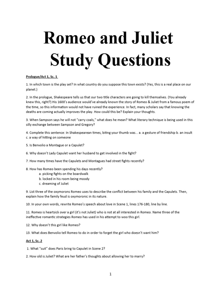 Romeo and Juliet Study Questions | PDF | Characters In Romeo And Juliet ...