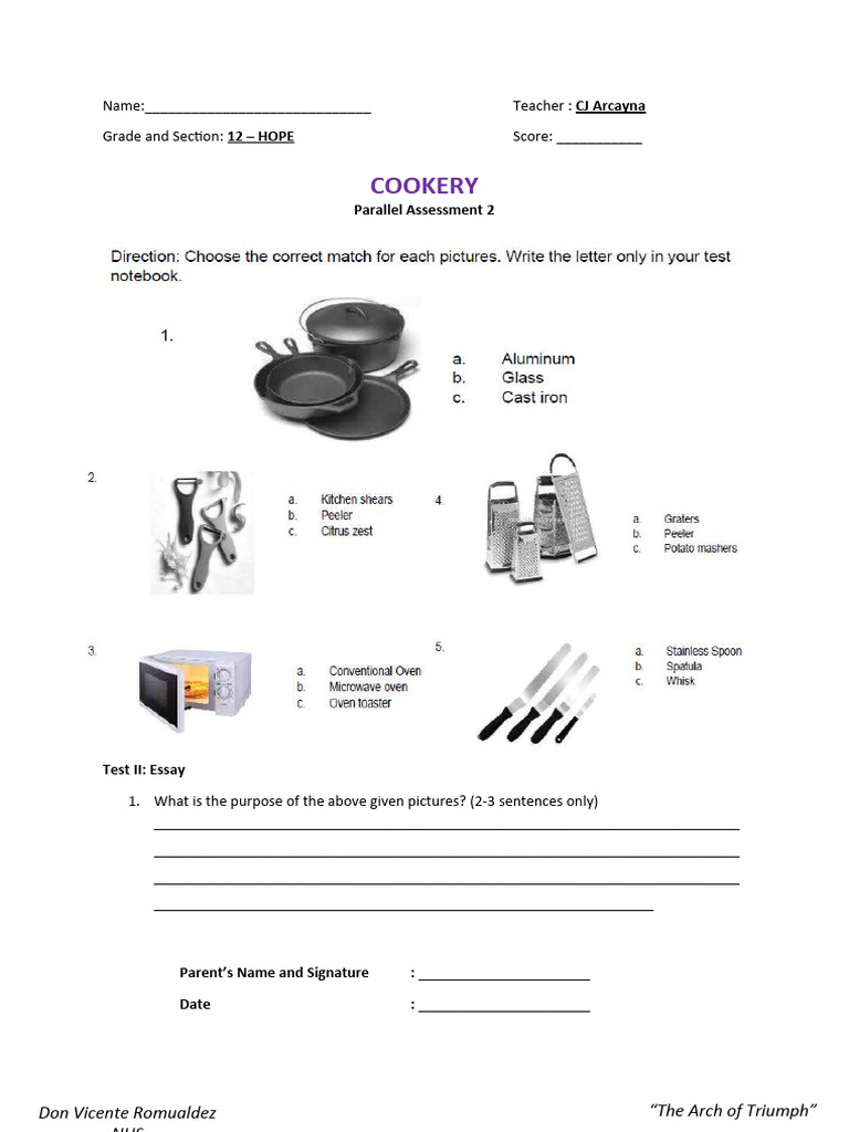 Cookery NCII Questionnaires | PDF | Kitchen Utensil | Kitchen