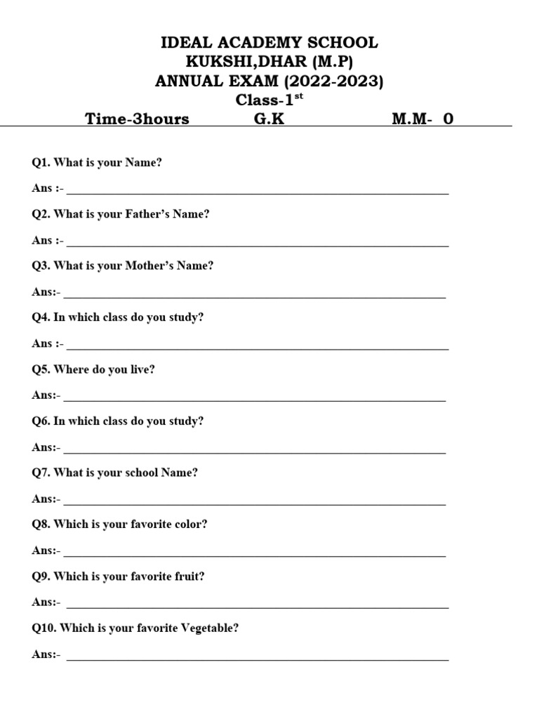 Class 1 G.K. Question Paper 2022-23 | PDF | Career & Growth