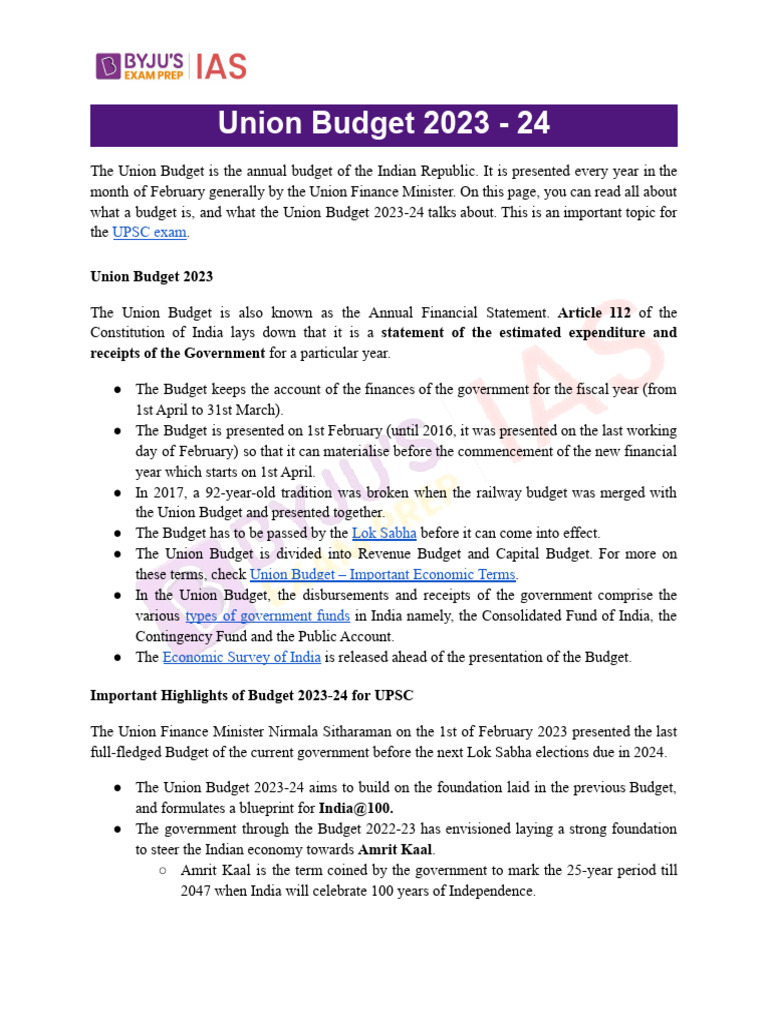 BYJUS Exam Prep Union Budget 2023 24 | PDF | Taxes | Government Budget ...