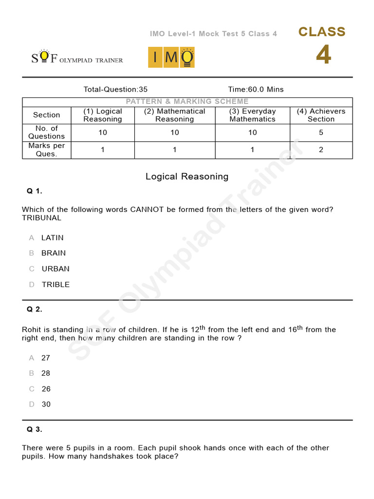 IMO Level1 Mock5 Class4 | PDF