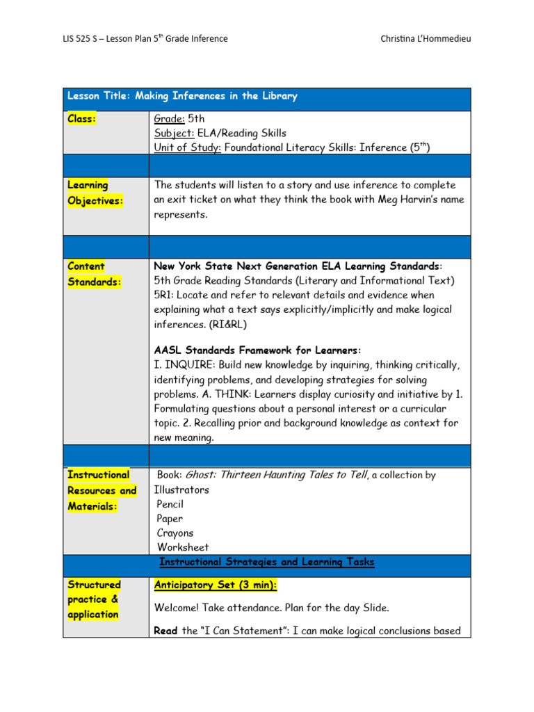 Lesson Plan 5th Grade Inference Christina Lhommedieu | PDF | Lesson ...