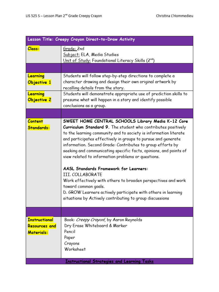 Lesson Plan 2nd Grade Creepy Crayon Lhommedieuchristina | PDF | Learning | Lesson Plan