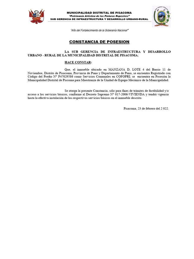 Constancia de Posesion | PDF