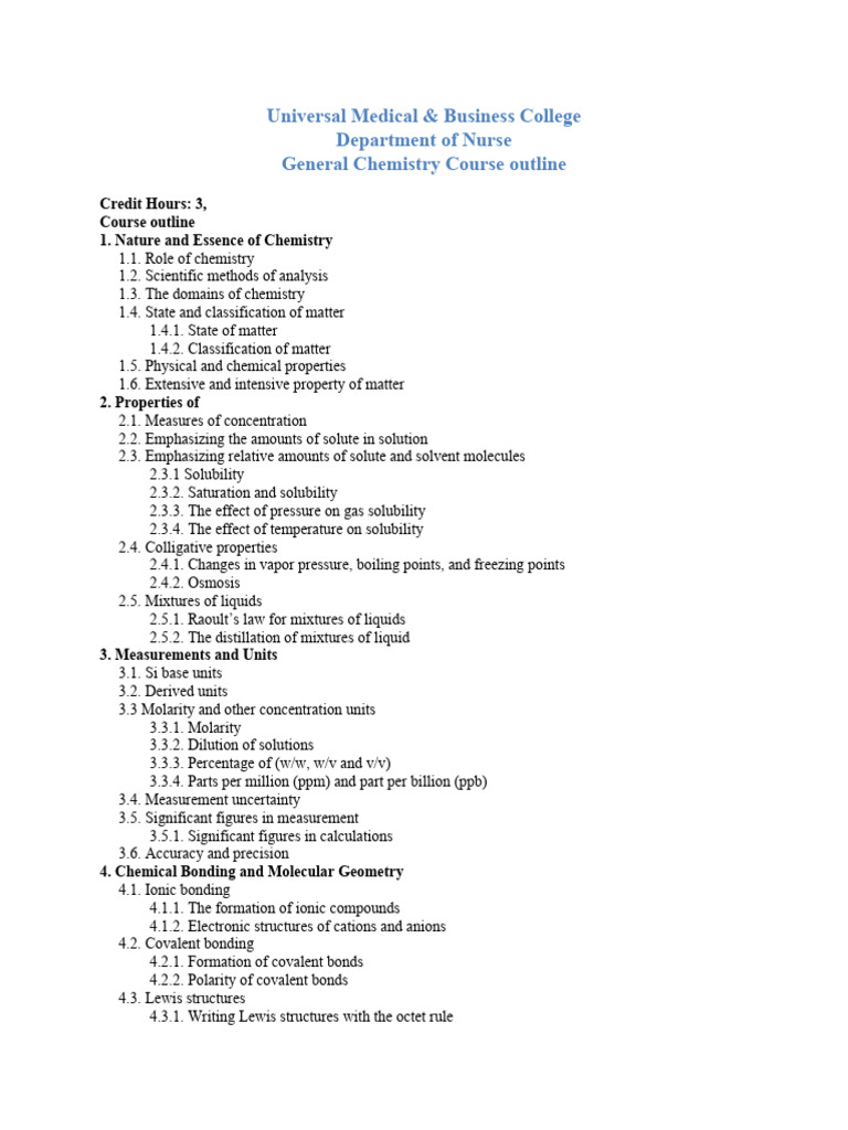 General Chemistry Course Outline | PDF | Chemical Bond | Solubility