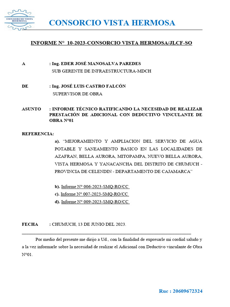 Informe - N°000 Adicional y Deductivo | PDF | Presupuesto | Tubería (transporte de fluidos)