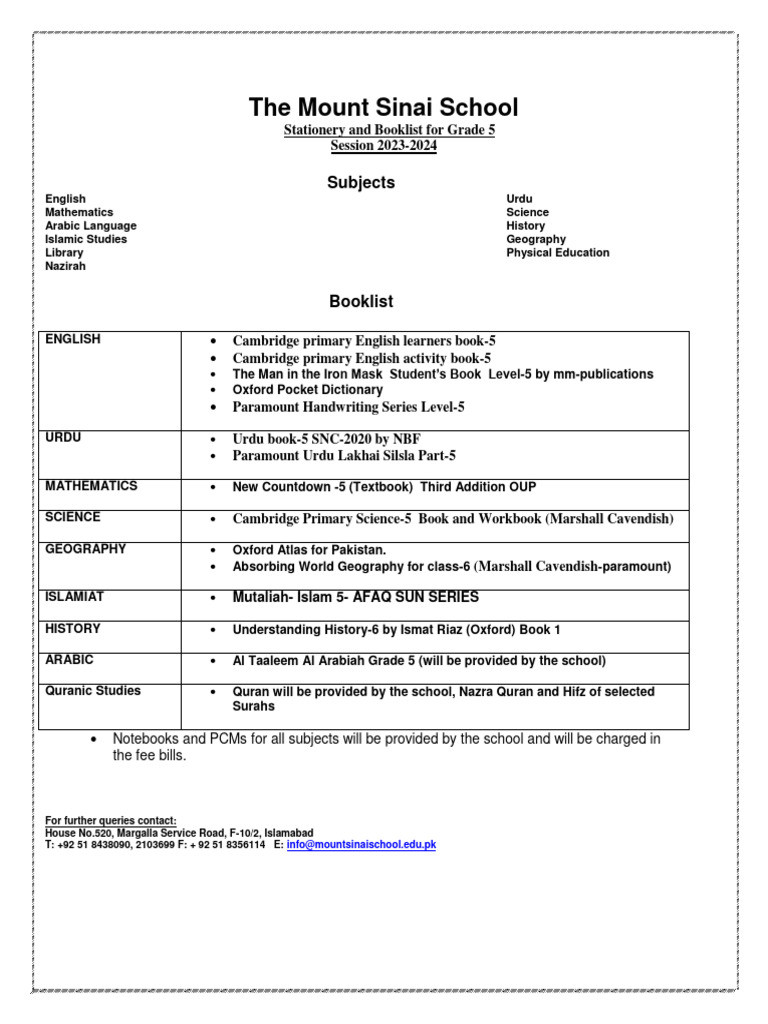 Grade 5 Booklist & Stationery 2023-24 | PDF