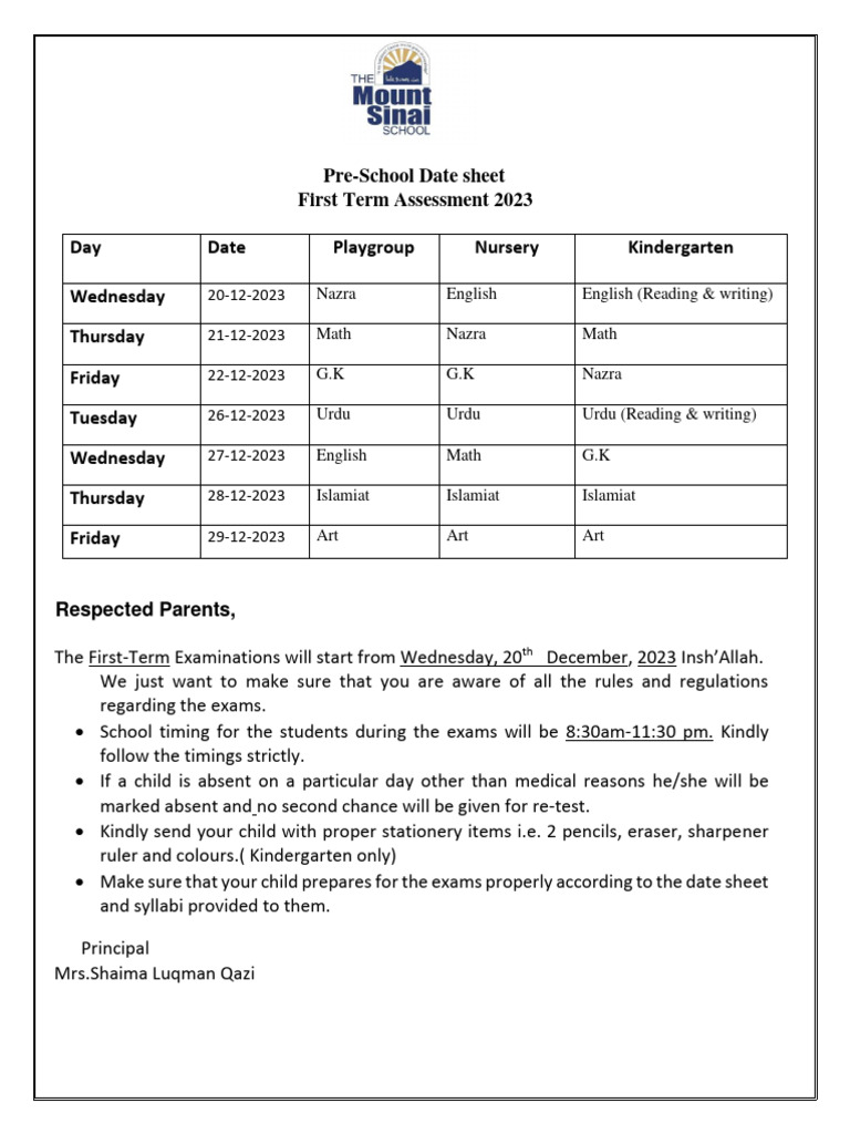 Preschool Datesheet First Term 2023-1 | PDF