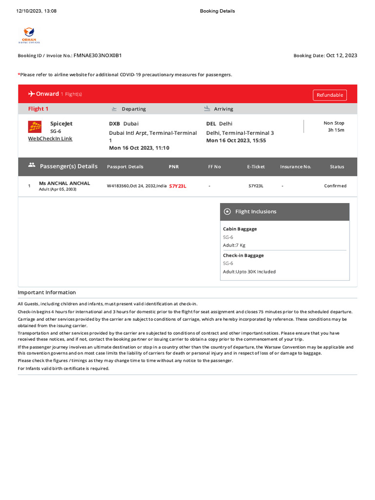 Anchal Ticket DXB Del 16 Oct | PDF | Airlines | Aviation