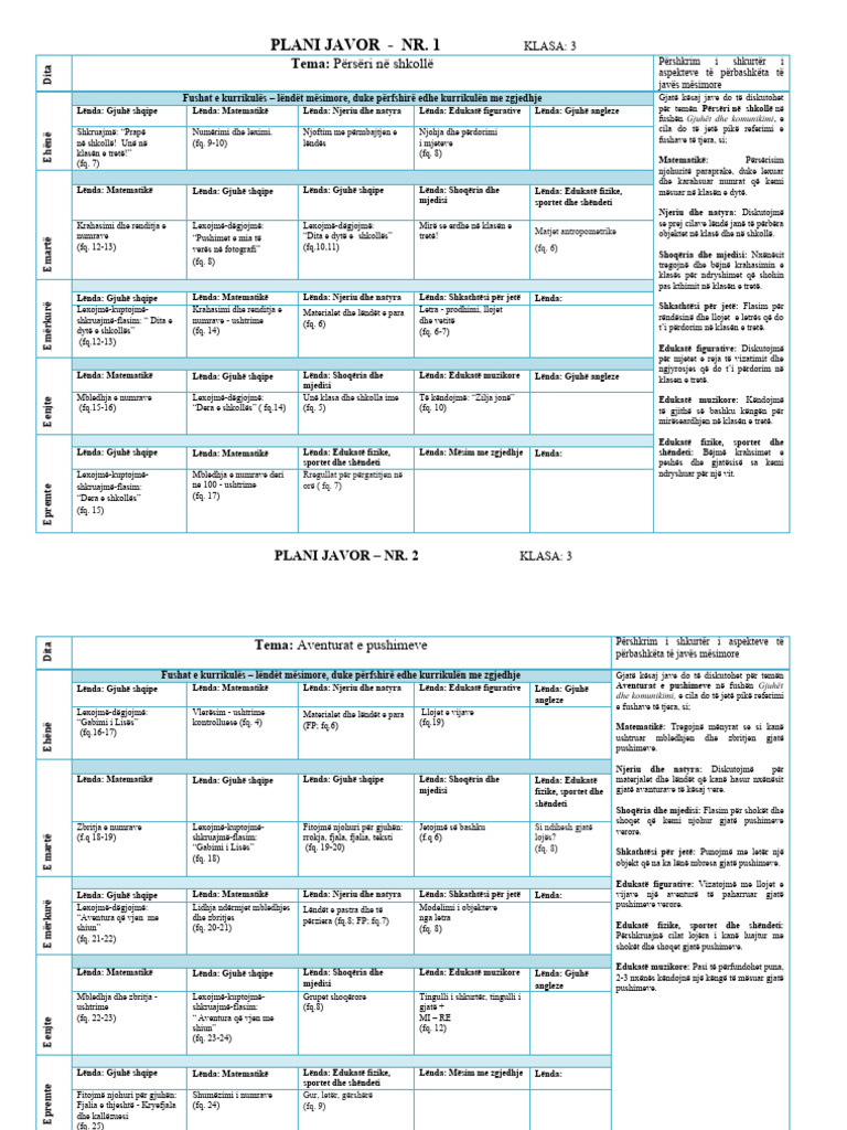 Plani Javor Shtator Janar kl.3 | PDF