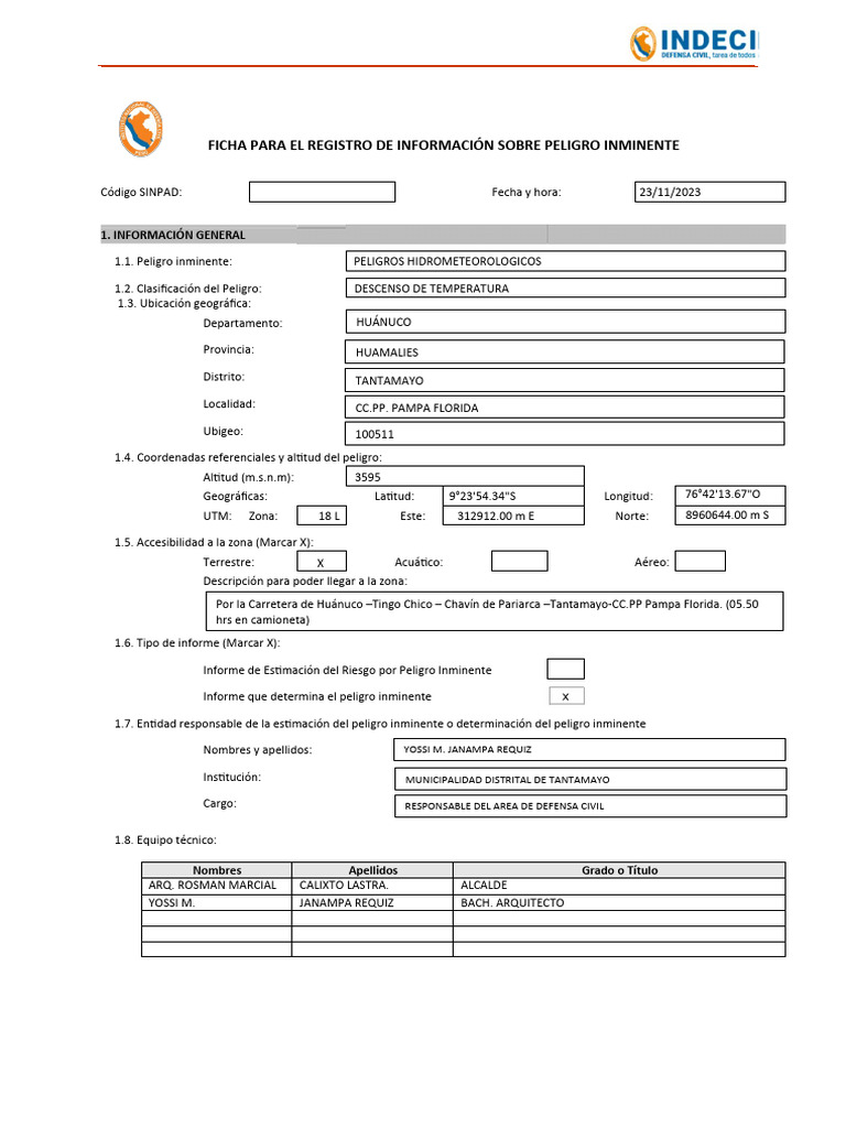 Ficha Peligro Inminente Editable | PDF