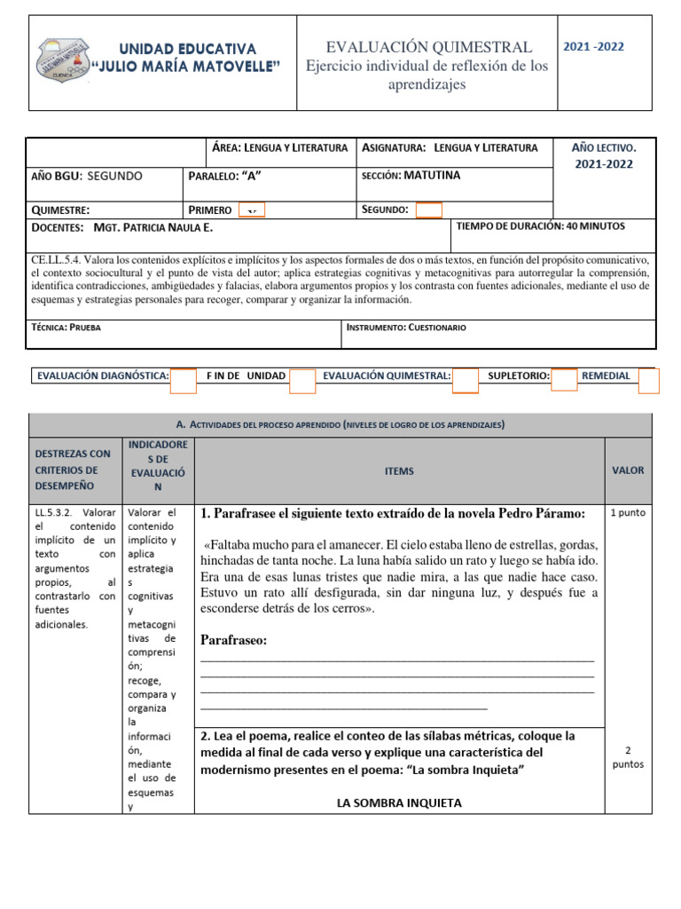 2BGU LyL. EVALUACIÓN QUIMESTRAL 1 | PDF | Evaluación | Cognición
