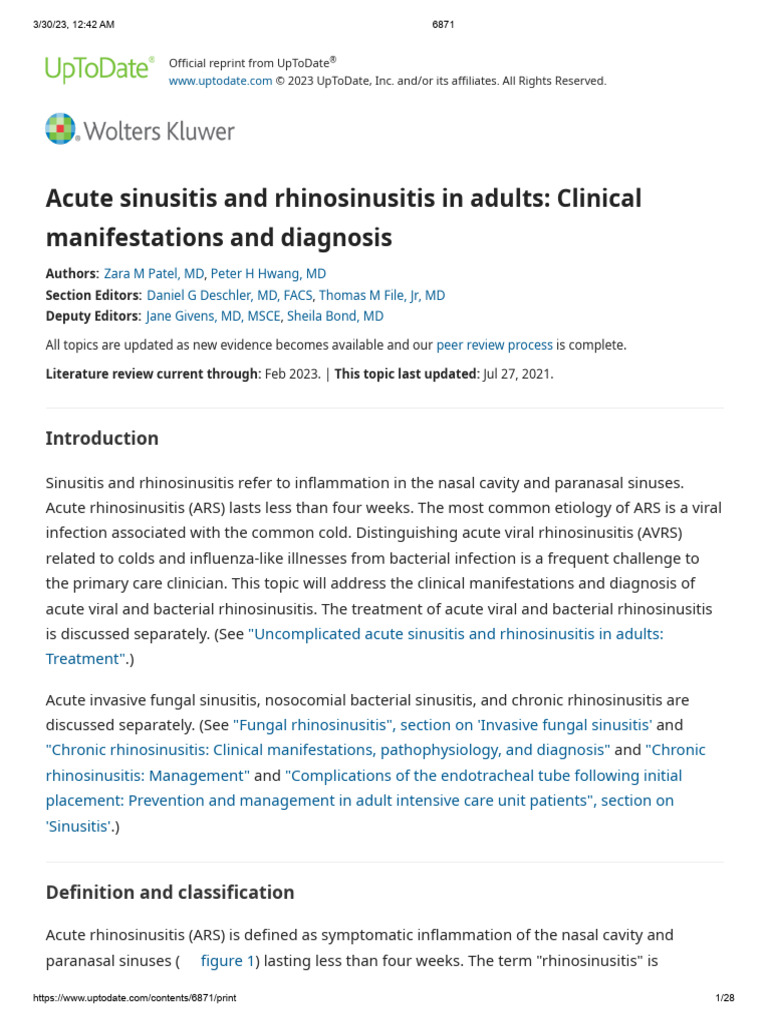 Up To Date. Acute Sinusitis and Rhinosinusitis | PDF | Headache ...