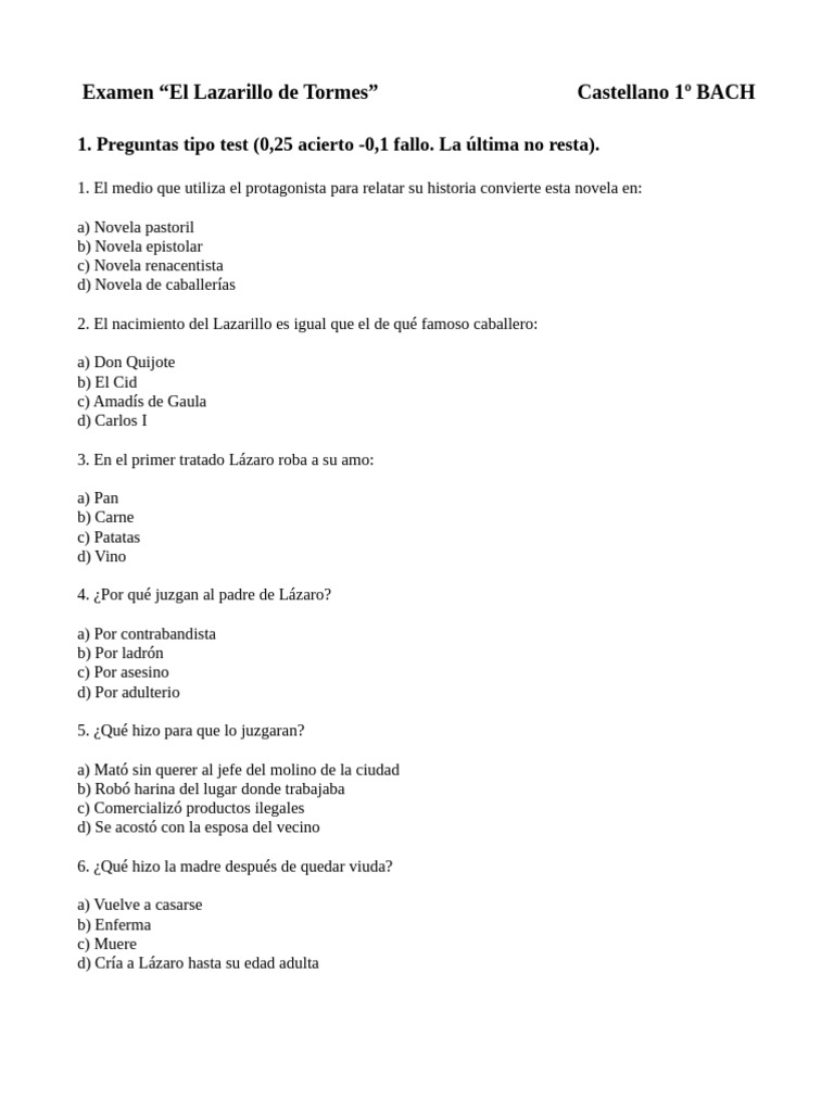 Examen de "El Lazarillo de Tormes" | PDF