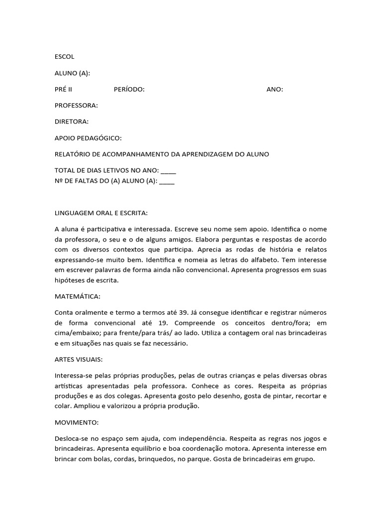 Modelos Relatorio Individual | PDF | Pedagogia | Aprendizado