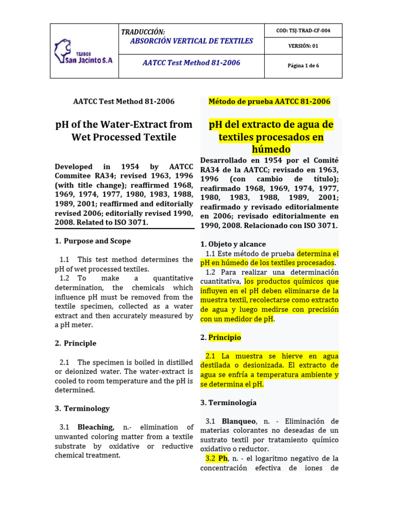 Trad-Cf-006 Aatcc Test Method 81 | PDF | Mecánica de Medios Continuos ...