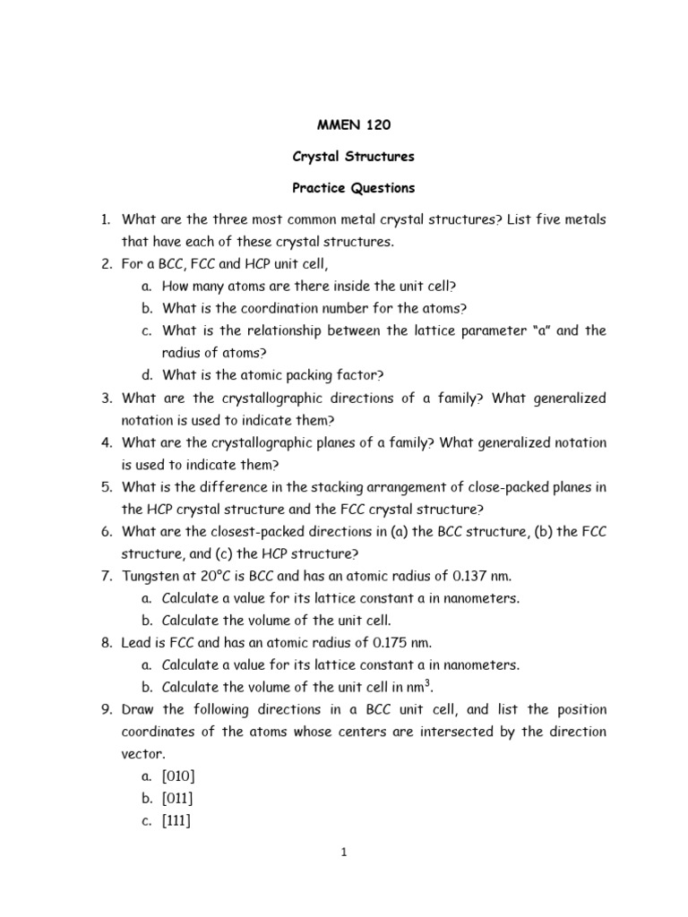 MMEN 120 - Crystal Structures Practice Questions | PDF | Crystal Structure | Physical Sciences