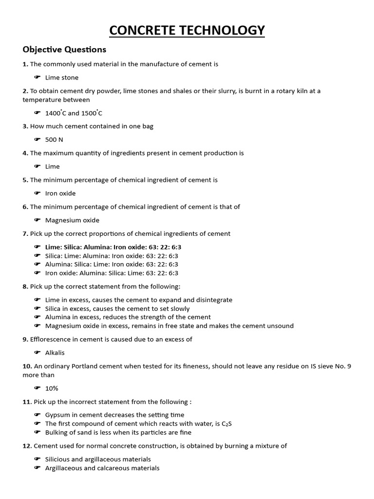 Concrete Technology Objective Questions | PDF | Concrete | Lime (Material)