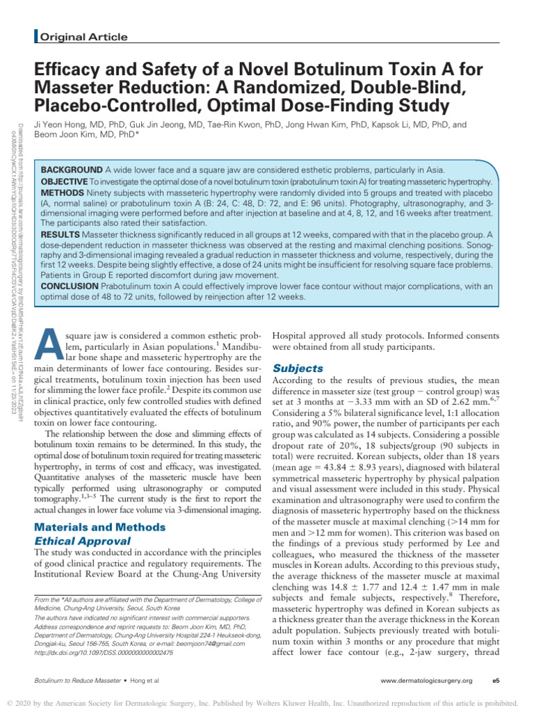 Efficacy and Safety of A Novel Botulinum Toxin A For Masseter Reduction: A Randomized, Double ...
