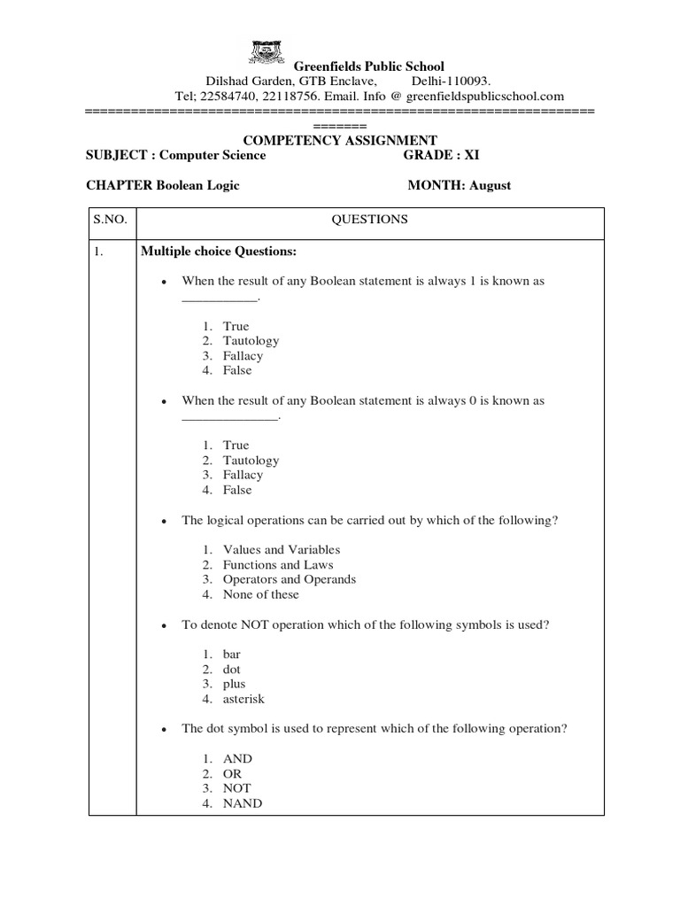 BooleanAssignment Class11 | PDF | Boolean Algebra | Teaching Mathematics BooleanAssignment Class11 | PDF | Boolean Algebra | Teaching Mathematics