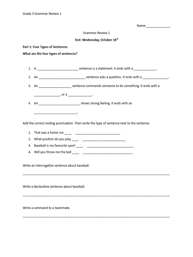 Grade 5 Grammar Essentials | PDF | Sentence (Linguistics) | Subject ...