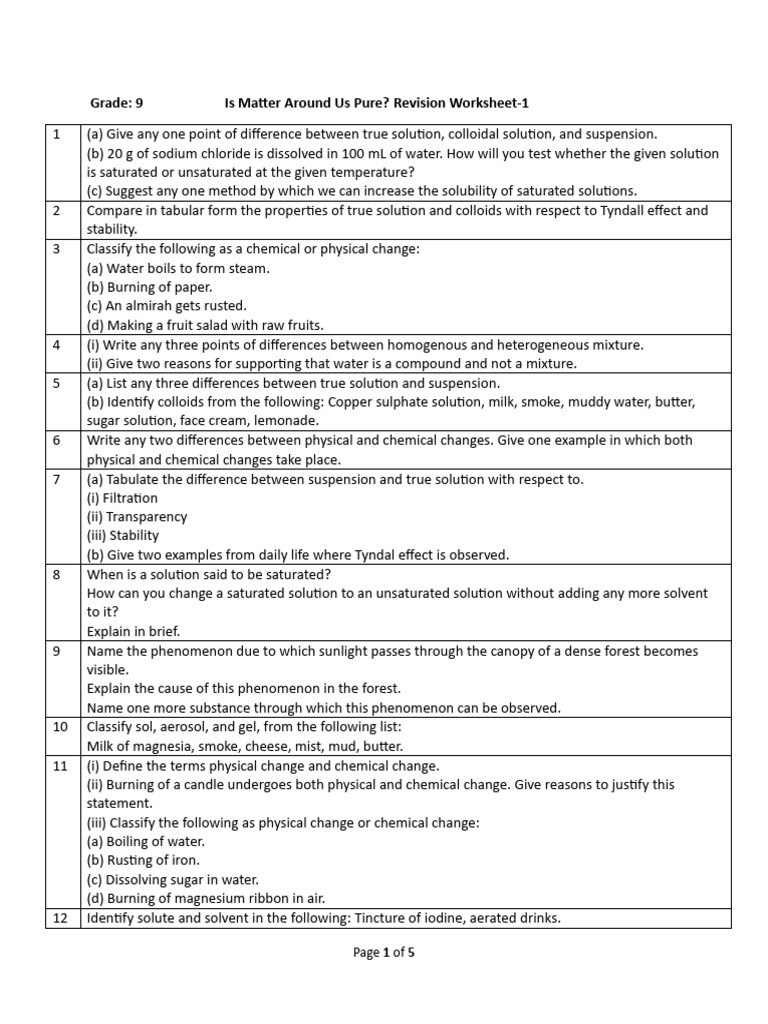 Is Matter Around Us Pure Revision Worksheet 1 Done Pdf Solubility
