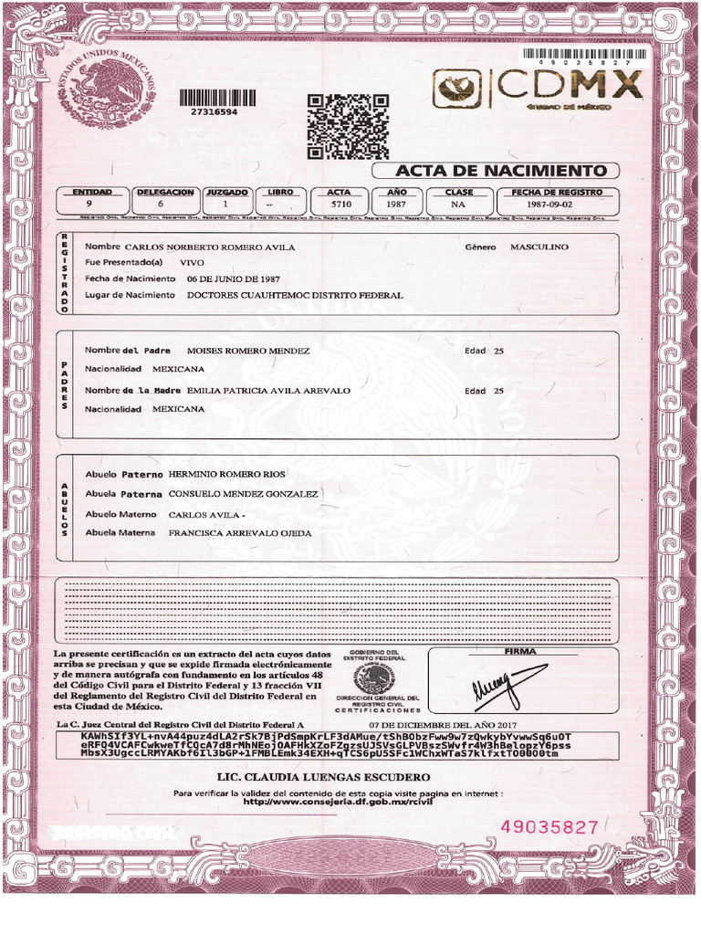 03 - Acta de Nacimiento Carlos Romero | PDF