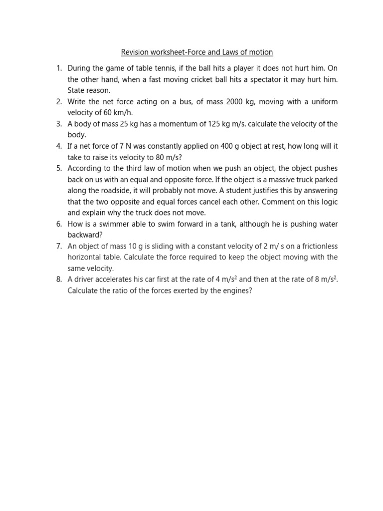 Revision Worksheet-Force Laws of Motion-Answer Key | PDF | Sports ...