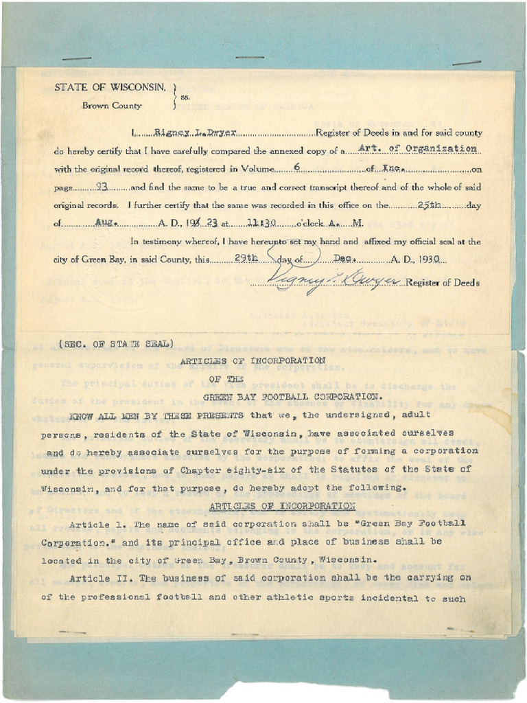 Green Bay Packers Letter of Incorporation | PDF