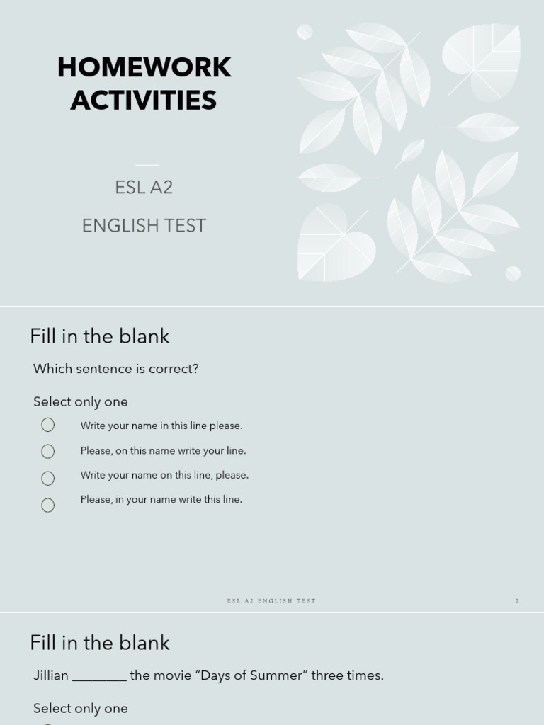 Homework Activities (Esl A2 English Test) | PDF