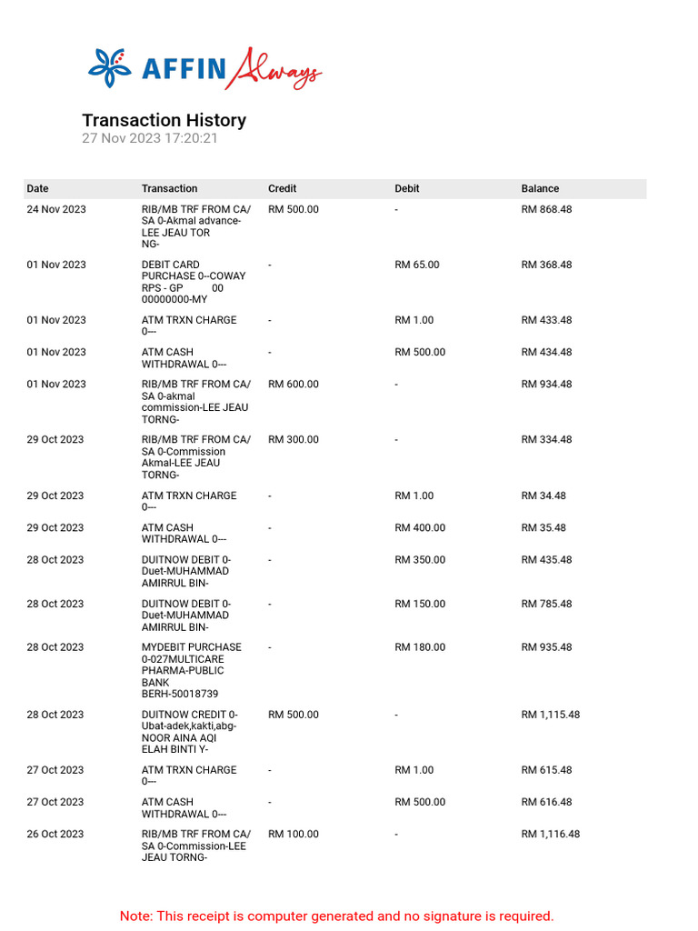 Transaction History | PDF | Debit Card | Automated Teller Machine
