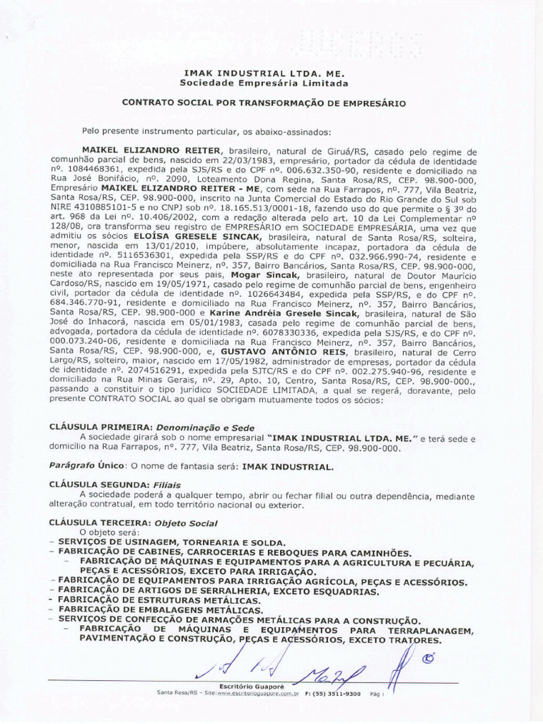 Contrato Social (Transformação) - Imak Industrial Ltda 1 | PDF
