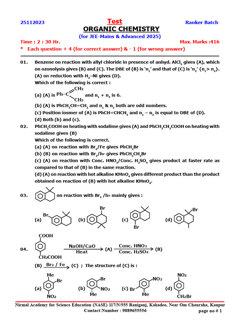 Test Organic Chemistry (25!11!2023) | PDF | Nucleotides | Amide