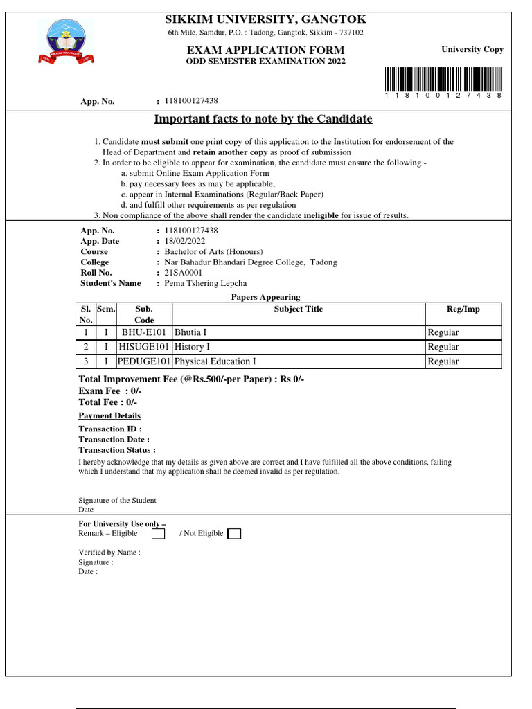 Annexure II - Sample Exam Form | PDF