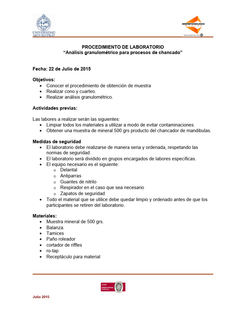 Procedimiento de Laboratorio Chancado Opm | PDF | Laboratorios