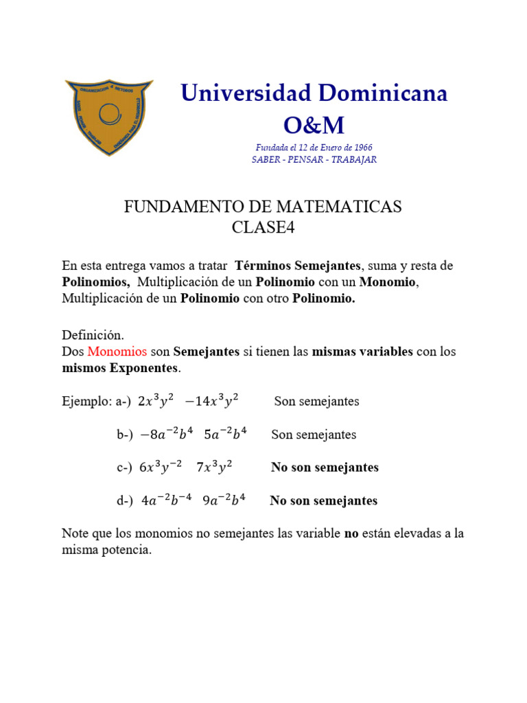 Fundamento Clase4 | PDF | Polinomio | Multiplicación
