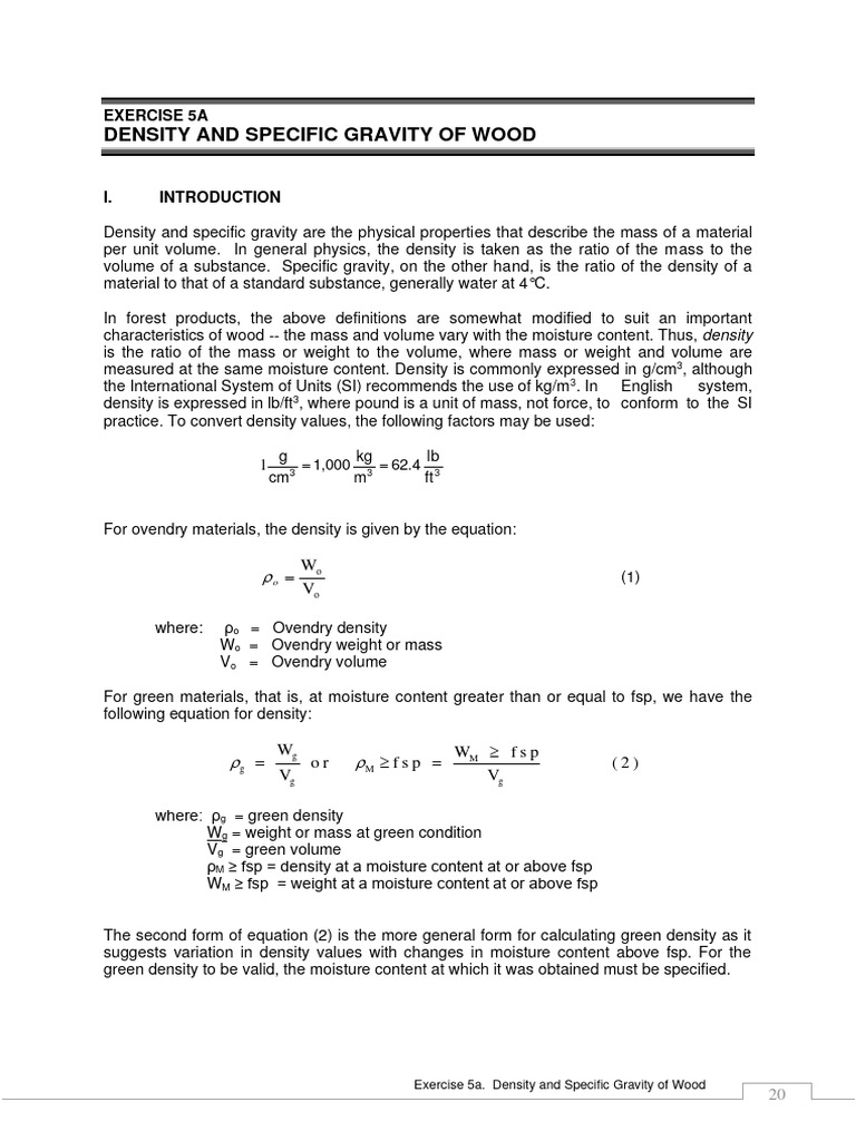 Exercise 5a Density and Specific Gravity of Wood | PDF | Density | Weight