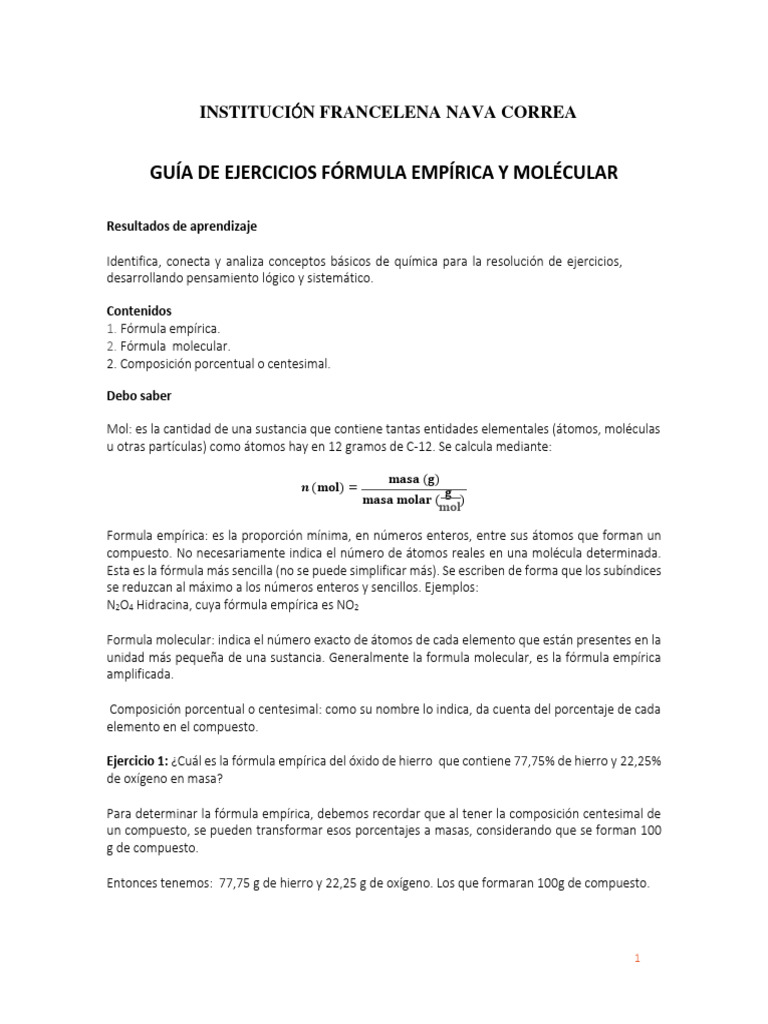 Formula Empírica y Molécular | PDF | Mole (Unidad) | Moléculas