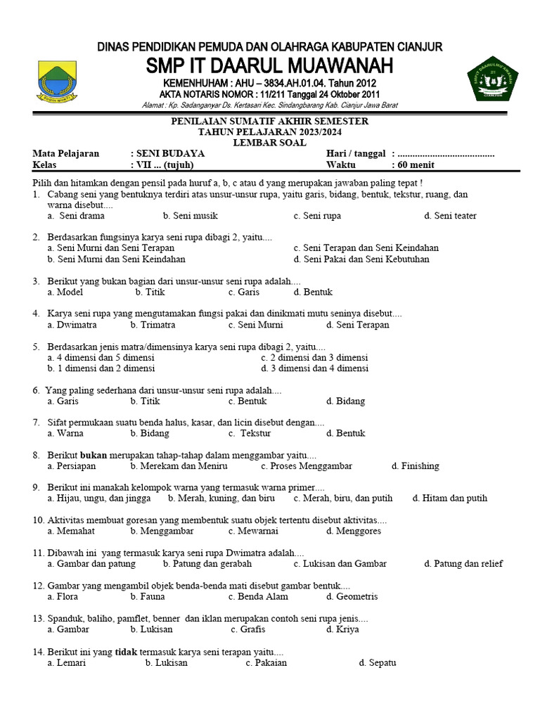 Soal SBK Kelas 7 Pas | PDF | Seni