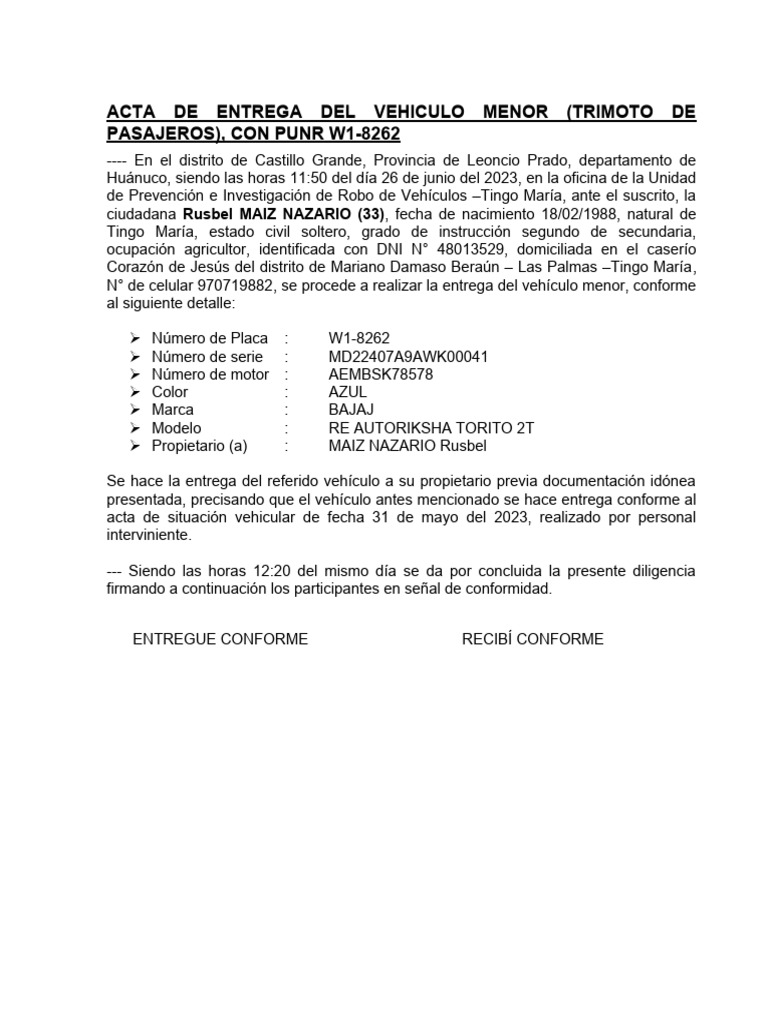 Acta de Entrega de Bajaj W1-8262 | PDF | Bienes manufacturados