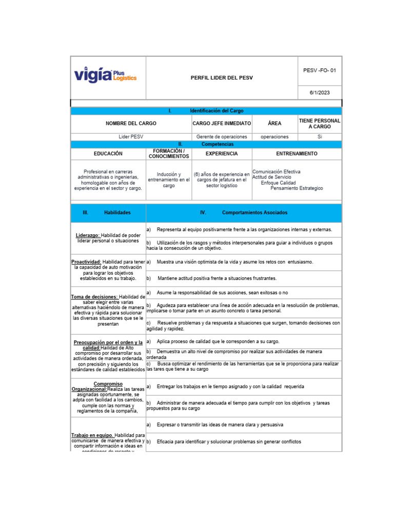 Paso 1 Perfil Lider Pesv | PDF | Liderazgo | Calidad (comercial)