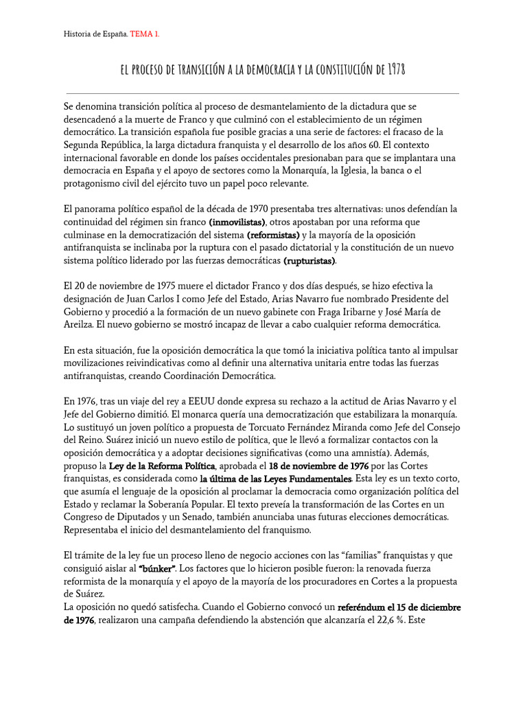 El Proceso De Transición A La Democracia Y La Constitución De 1978