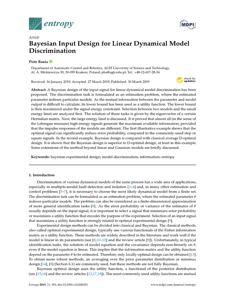 Bayesian Input Design For Linear Dynamical Model Discrimination 2019 Bania Pdf Mathematical