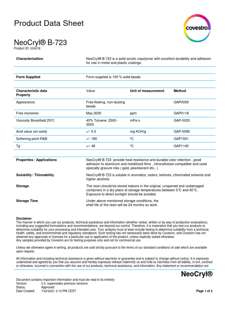 Neocryl B 723 | PDF | Chemistry | Materials